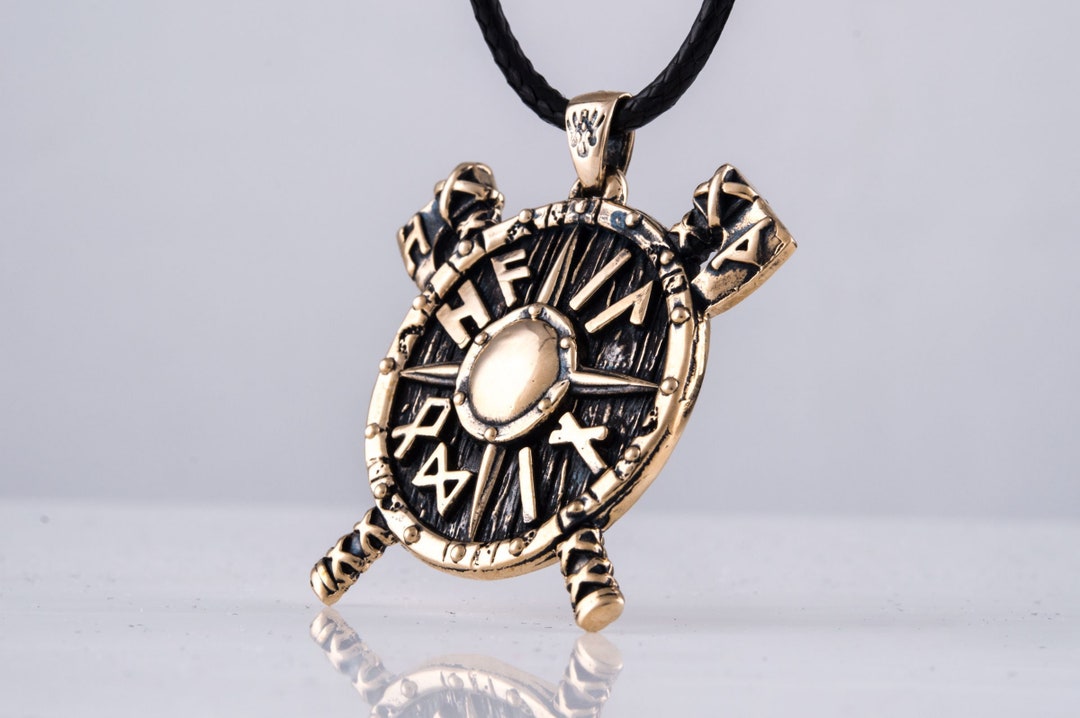 Round Viking Shield Necklace Bronze Mens Jewelry Featuring Hail Odin ...