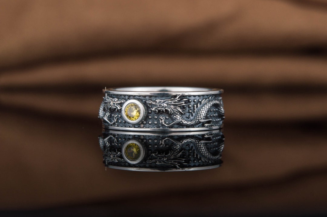 Silver Dragon Ring - Fantasy Ring Design With Yellow Cubic Zirconia and ...