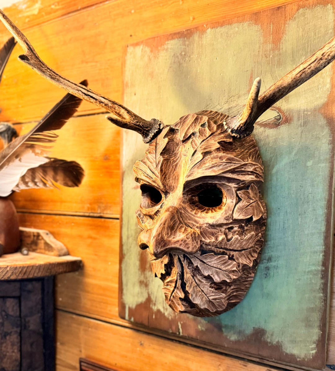 Hand Carved Green Man With Oak Leaf Detail and Antlers - Etsy