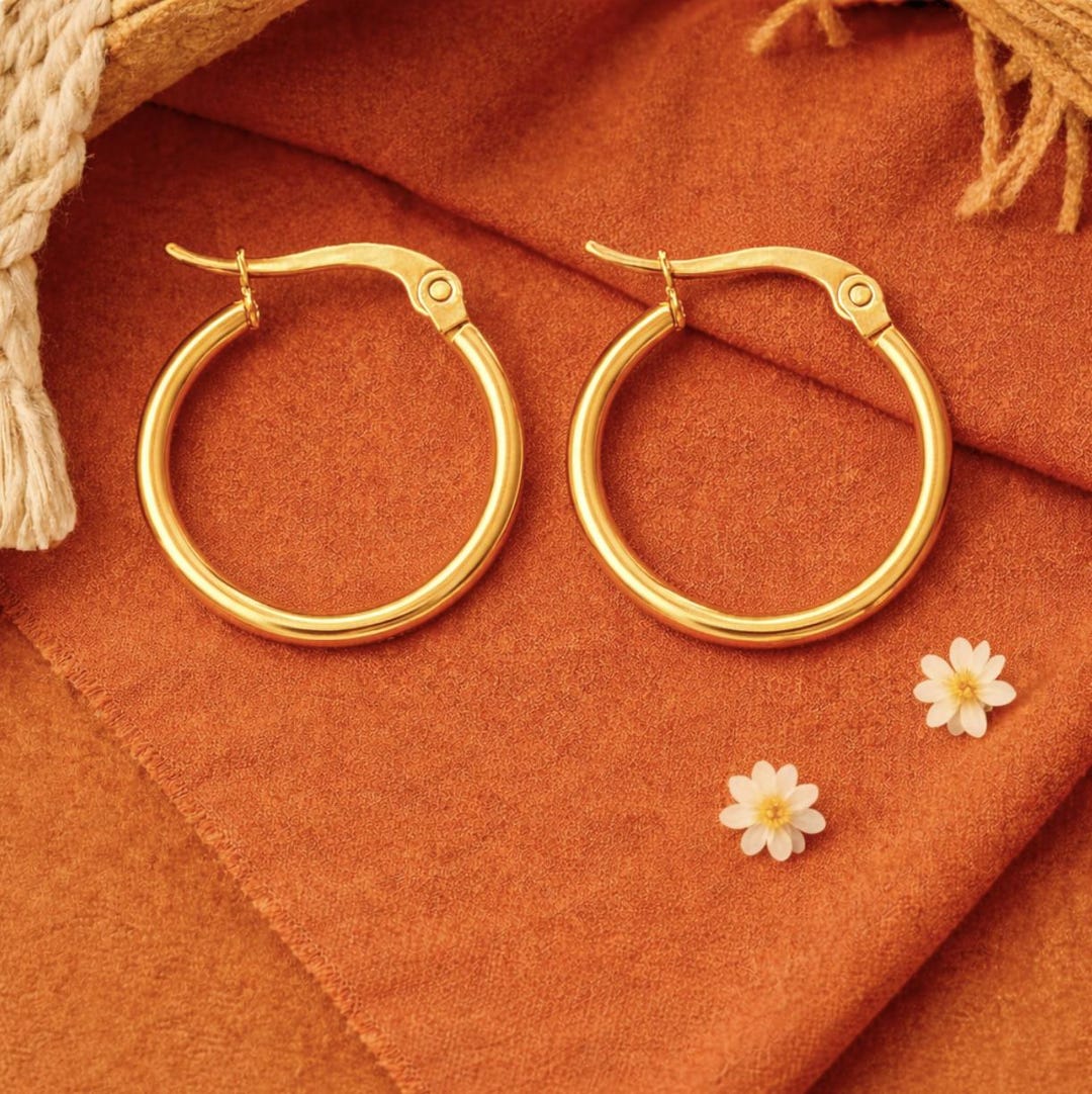 20mm Golden Hoop Earrings | 18K Gold Plated Hypoallergenic Stainless ...