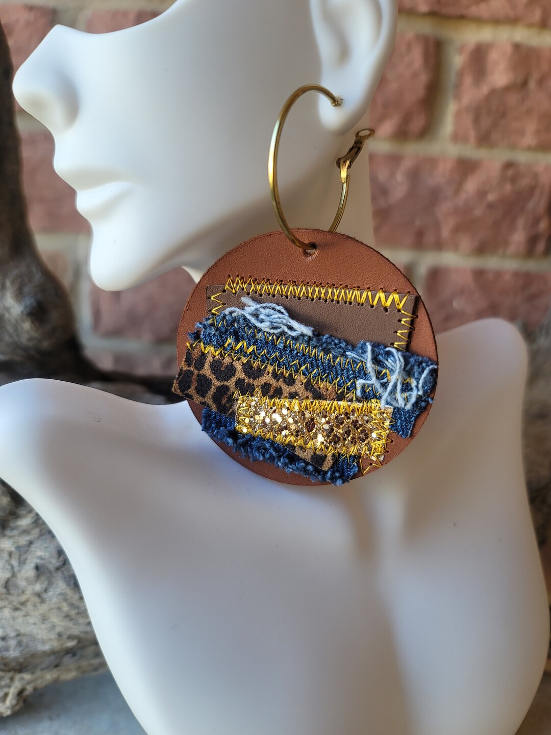 Leather & Denim Patchwork Bling Disc Hoop Earrings - Etsy