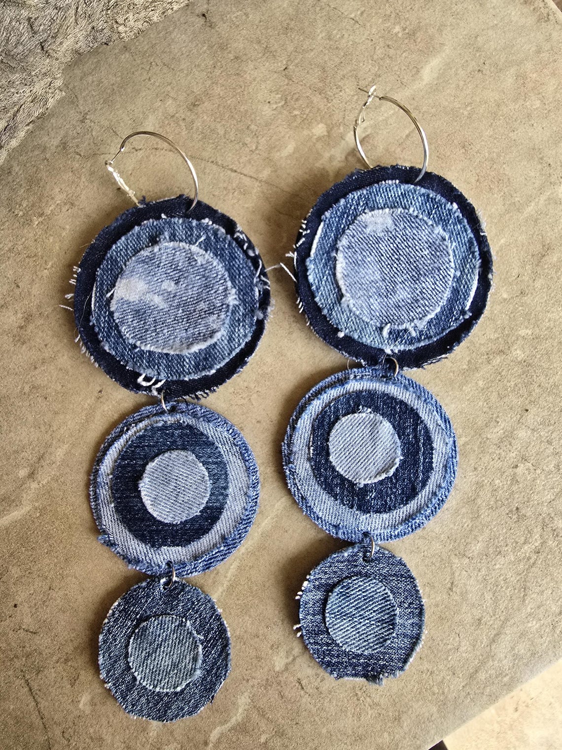 3 Tier Denim Round Drop Hoop Earrings - Etsy
