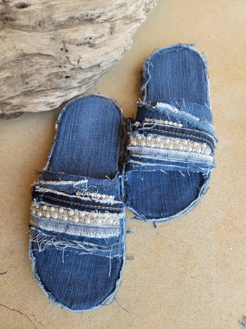 Custom Denim Slides With Pearl Accents and Bling - Etsy