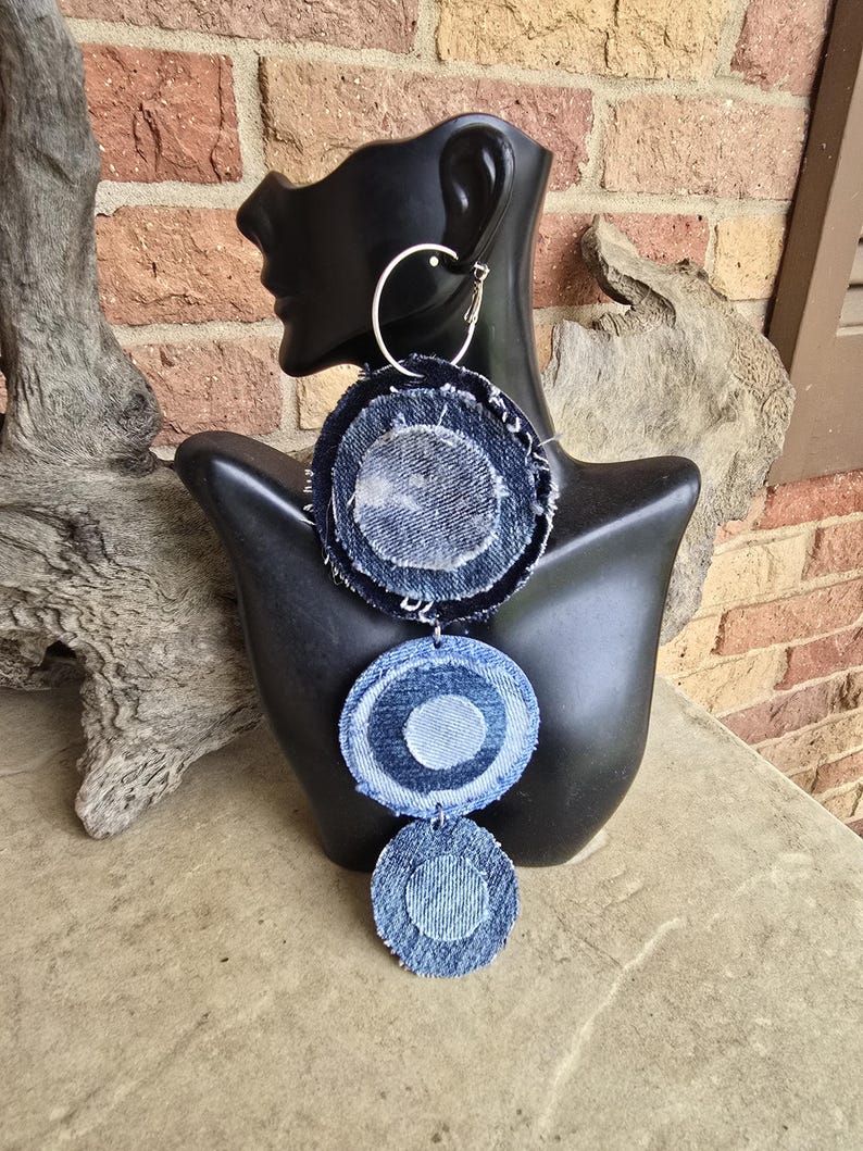 3 Tier Denim Round Drop Hoop Earrings - Etsy