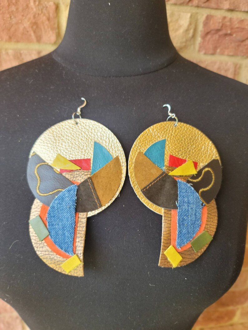 Multi Color Leather and Denim Geometric Statement Earrings - Etsy