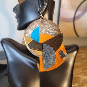Multi Color Leather and Denim Geometric Statement Earrings - Etsy