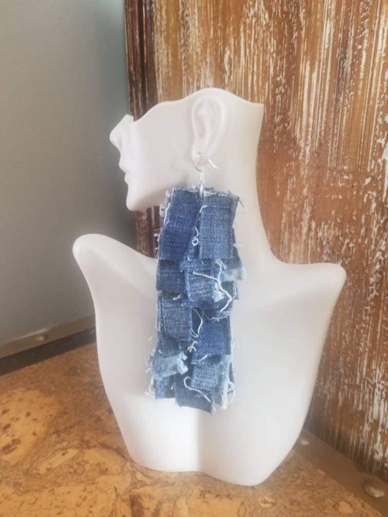 Statement Denim Fringe Dangle Earrings - Etsy