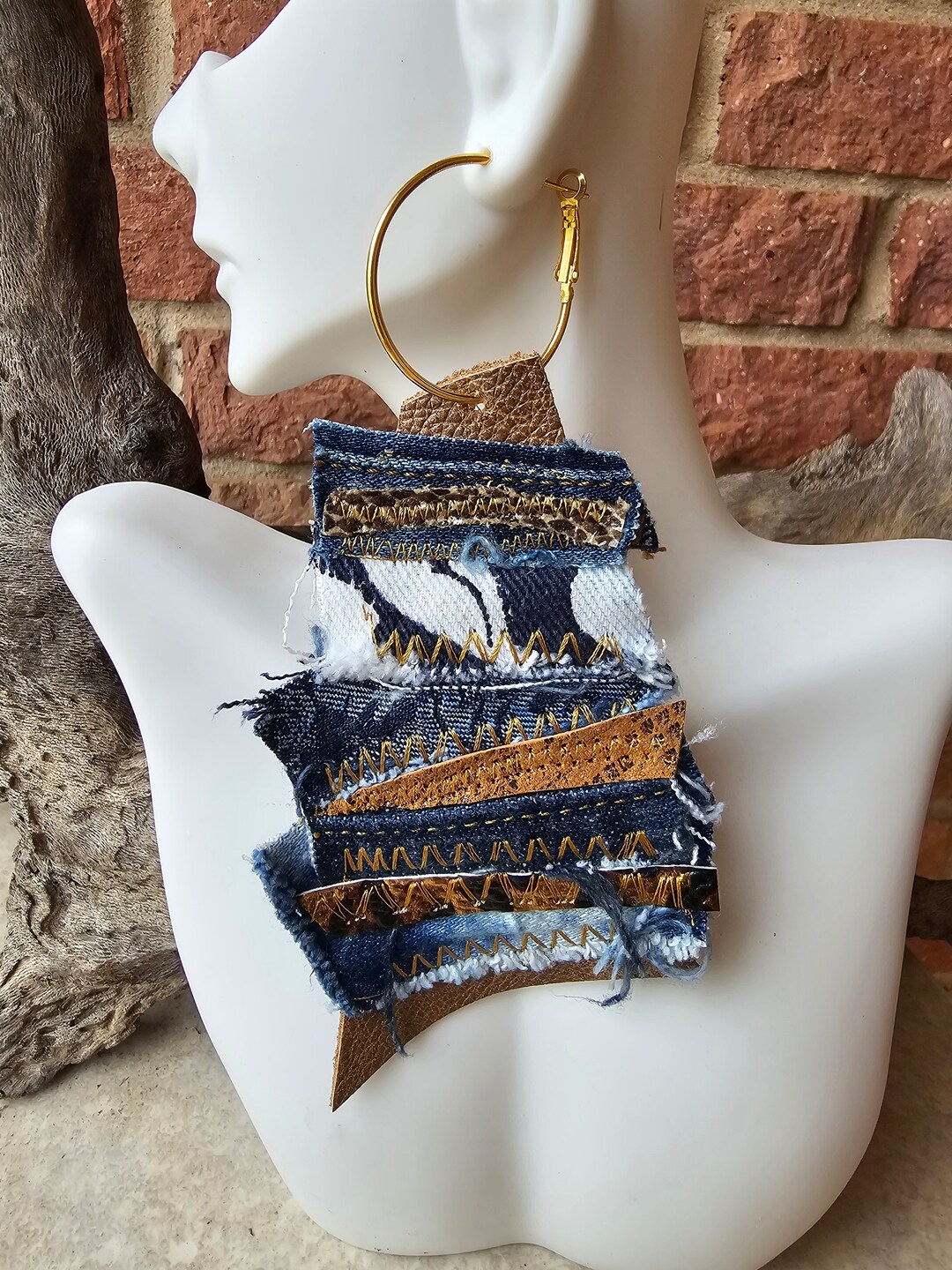 Denim & Leather Patchwork Dangle Hoop Earrings - Etsy