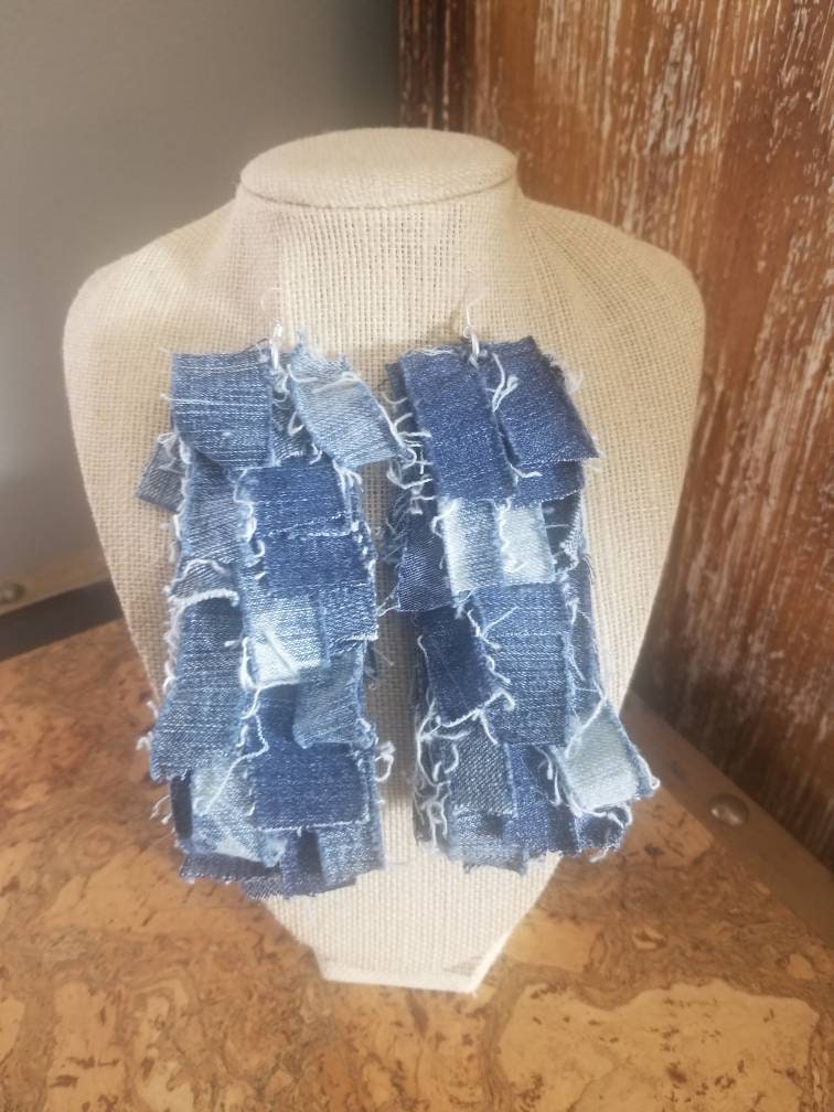 Statement Denim Fringe Dangle Earrings - Etsy