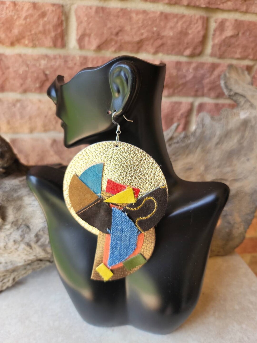 Multi Color Leather and Denim Geometric Statement Earrings - Etsy