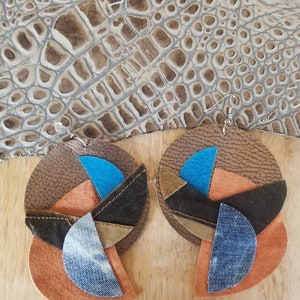 Multi Color Leather and Denim Geometric Statement Earrings - Etsy