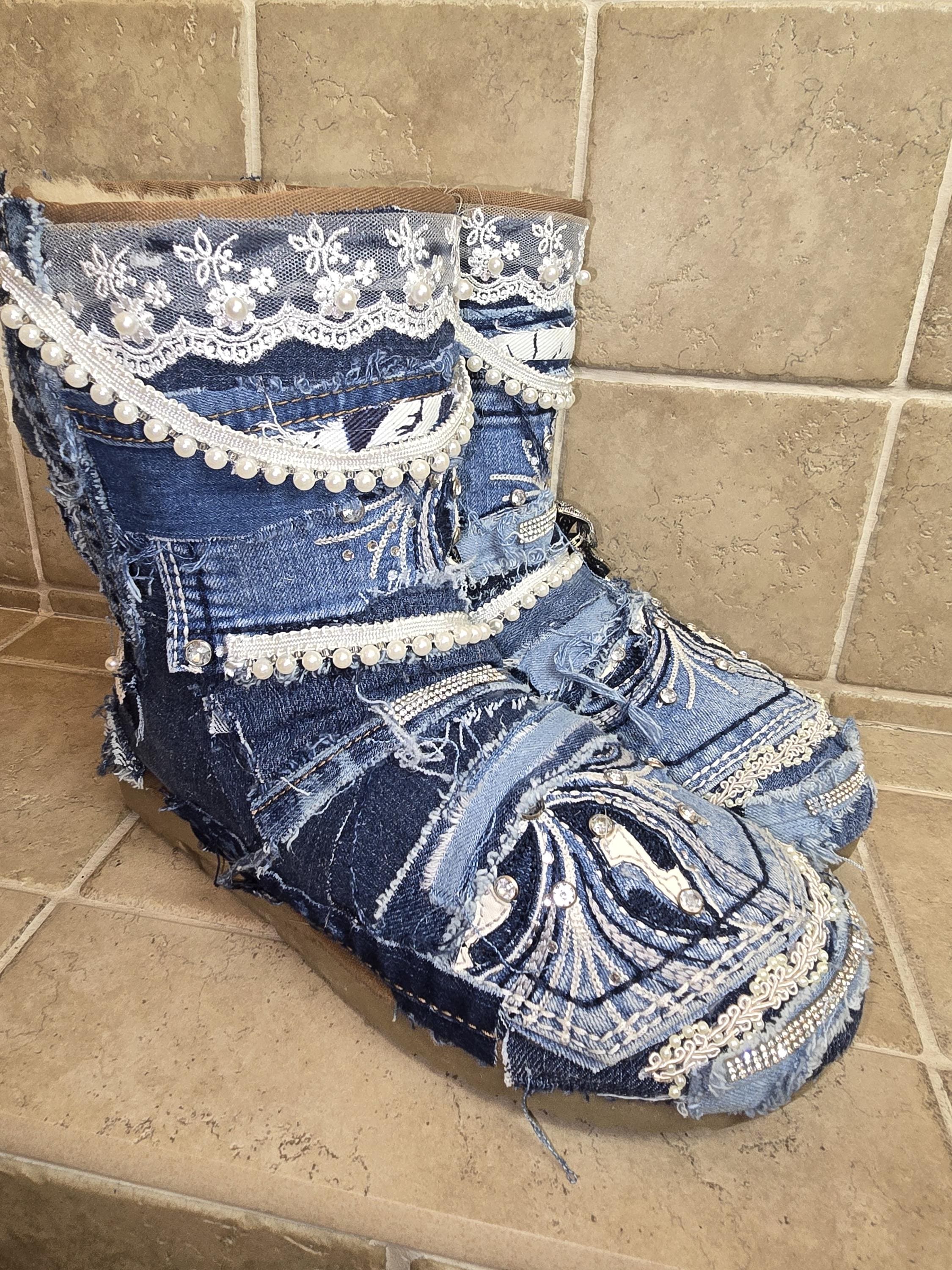 Custom Upcycled Denim Designer Shearling Boots With Pearls & Lace Size ...