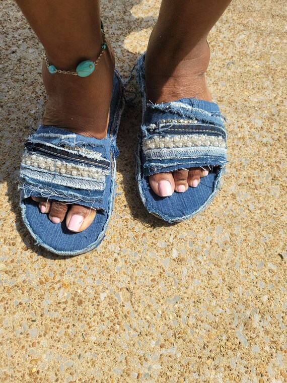 Custom Denim Slides With Pearl Accents and Bling - Etsy