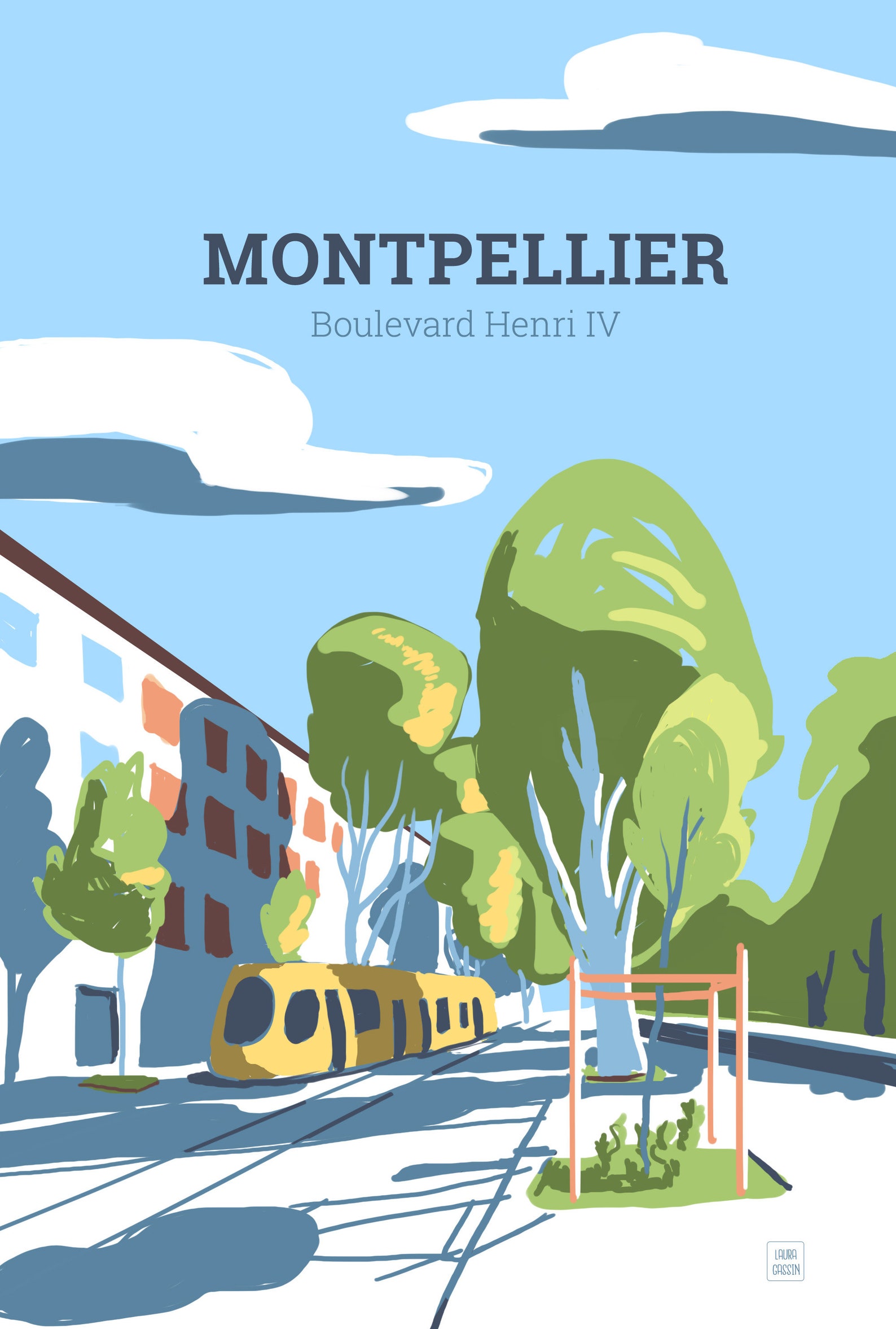 Affiche vintage ville de Montpellier Poster Illustration Tram boulevard ...