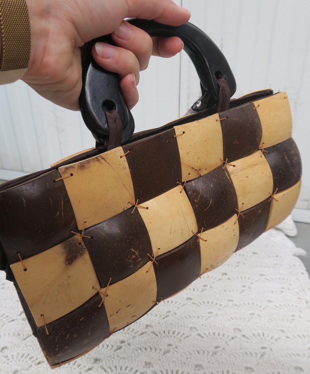 1970s Brown Coconut Shell Checkerboard Top Handle Purse - Etsy