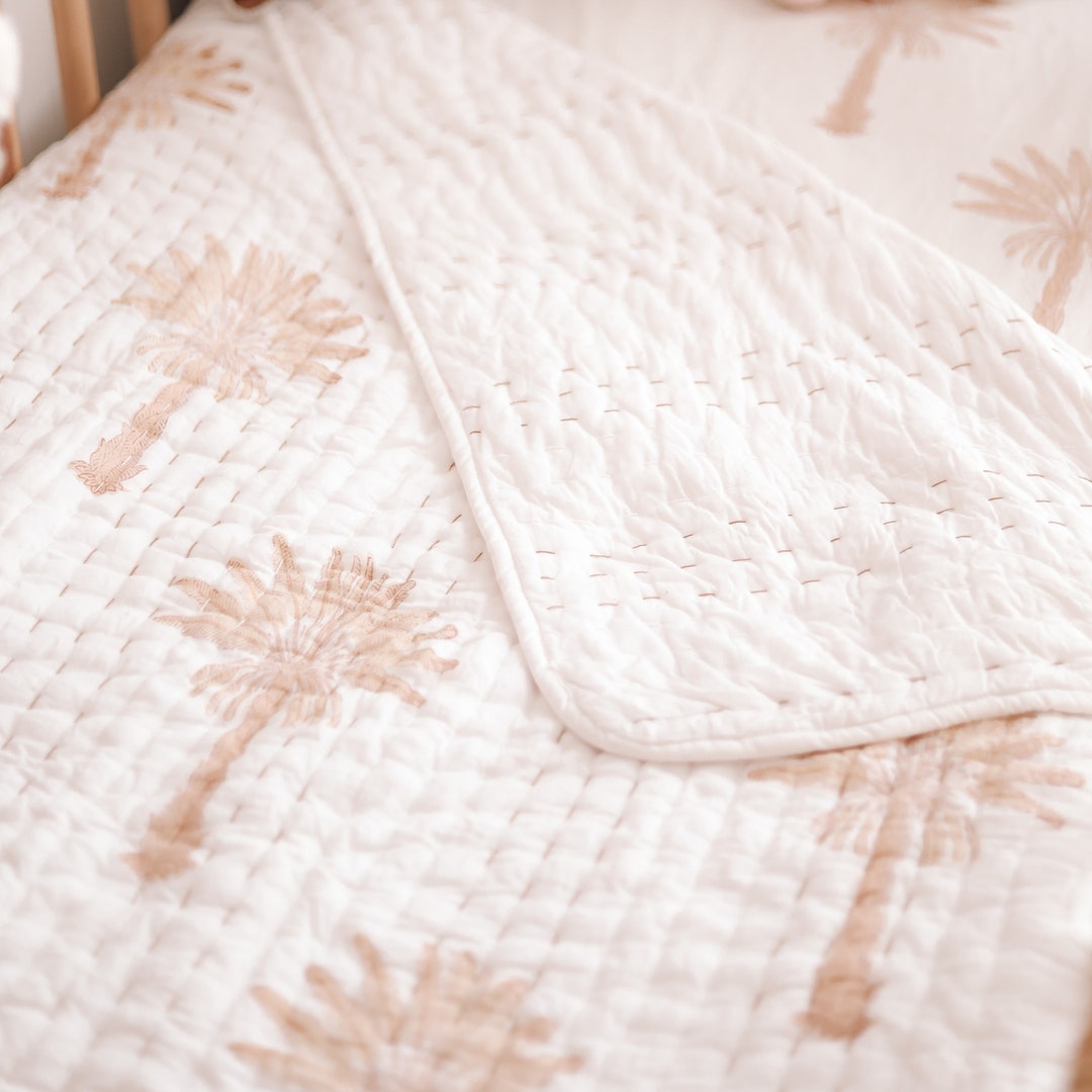 Neutral Boho Palm Kantha Cot Quilt Blanket Tropical Coastal Beach 100 % ...