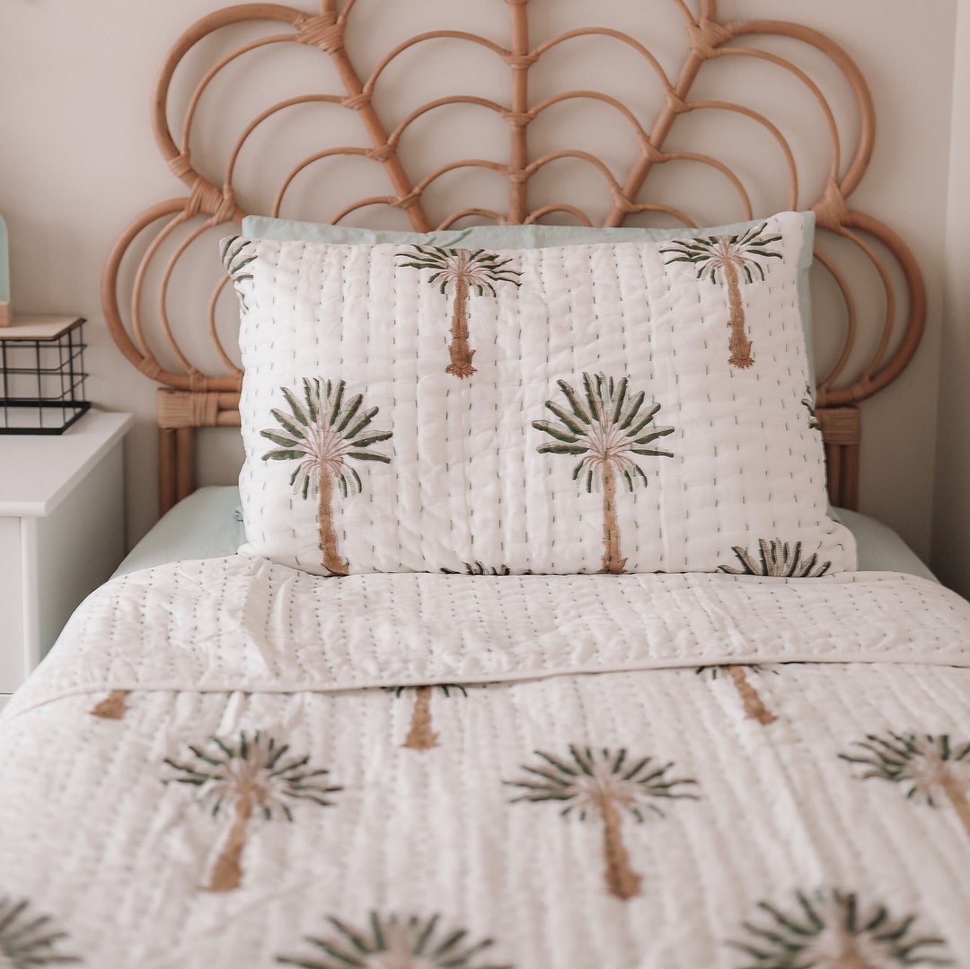 Green Palm Kantha Single or King Single Quilt Blanket Tropical Coastal ...