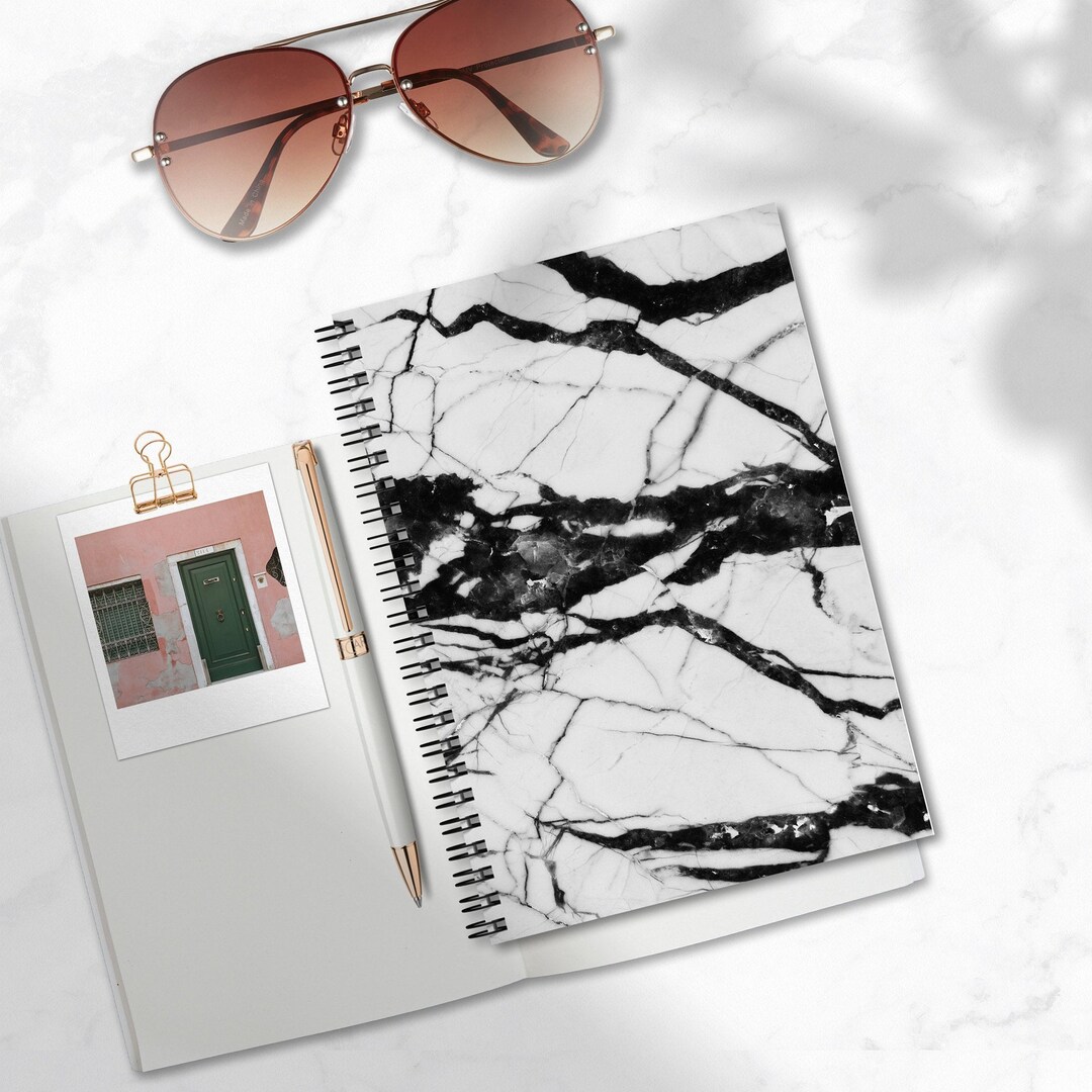 White & Black Marble Spiral Notebook, Spiral Notebook, Marble Notebook ...