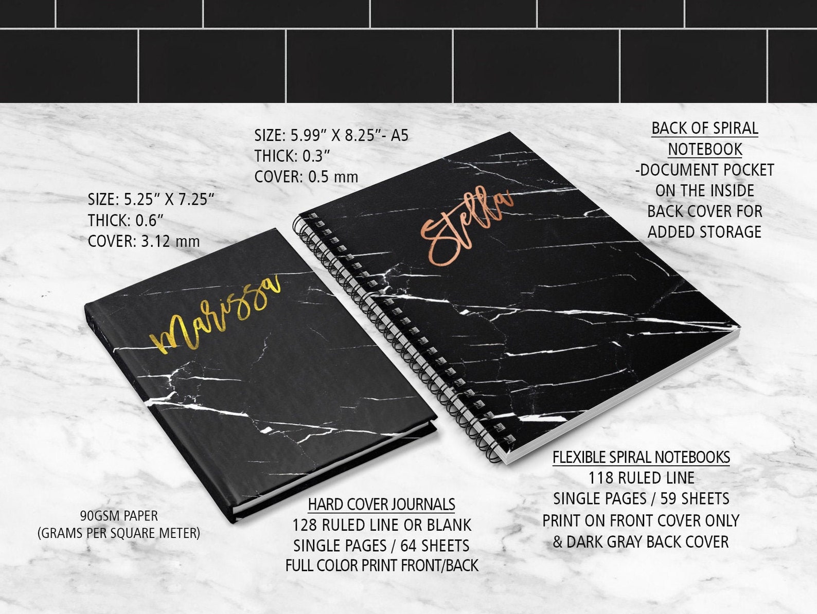 Black Marble Spiral Notebook Personalize Gift Spiral | Etsy