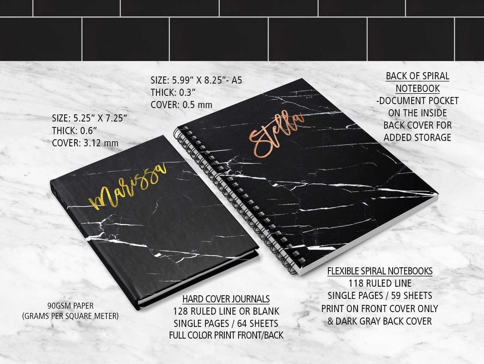 Black Marble Spiral Notebook Personalize Gift Spiral | Etsy