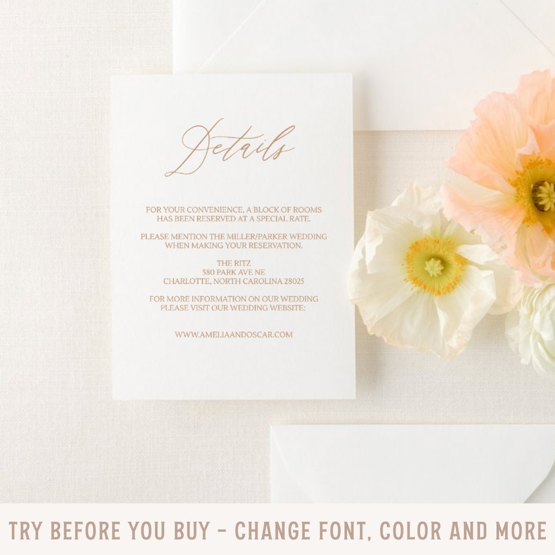 Classic Detail Card Template, Calligraphy Detail Card, Classic Wedding ...