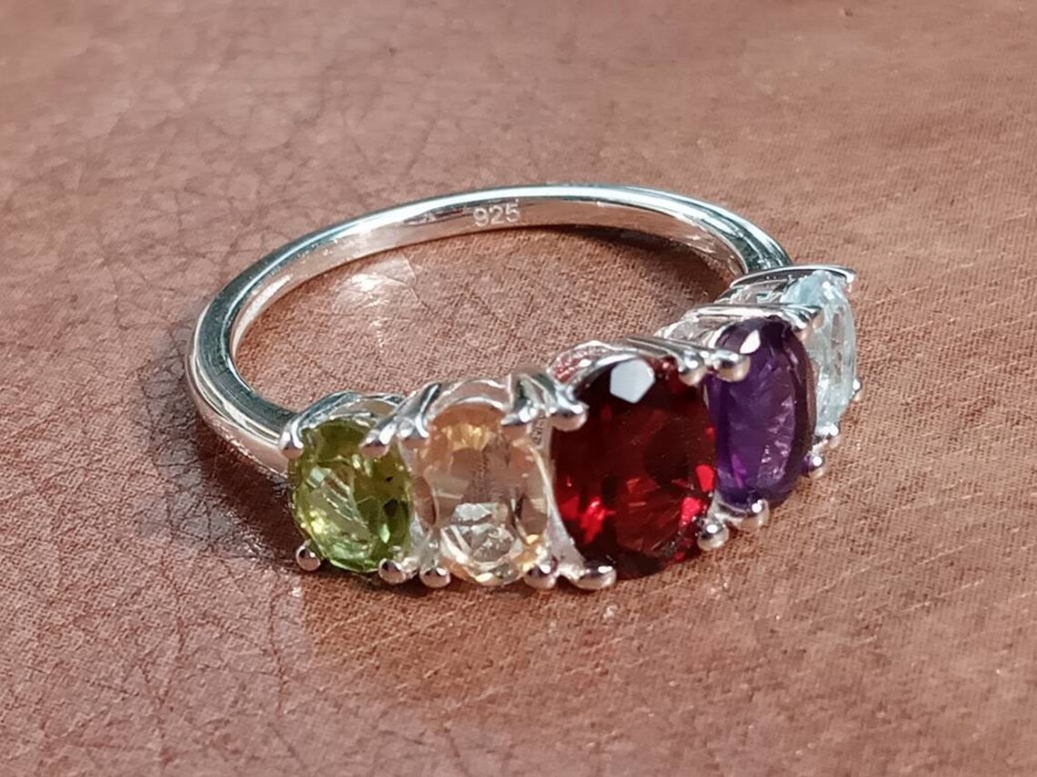 Natural Multi Stone Band Ring 925 UK Size M - Etsy