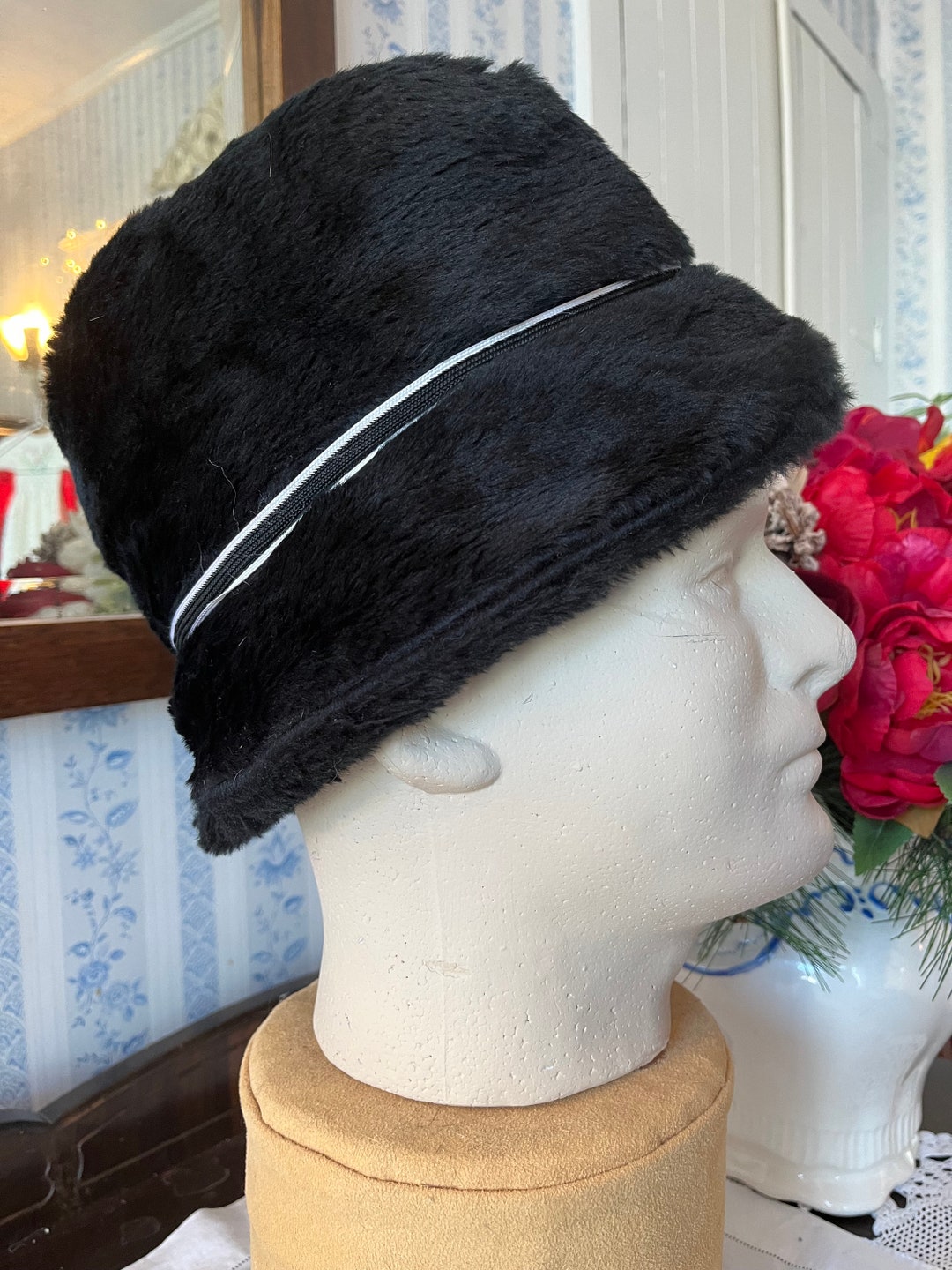 Vintage Black Hat, Black Faux Fur Cap (C451), Black Faux Fur Fez, Hat ...
