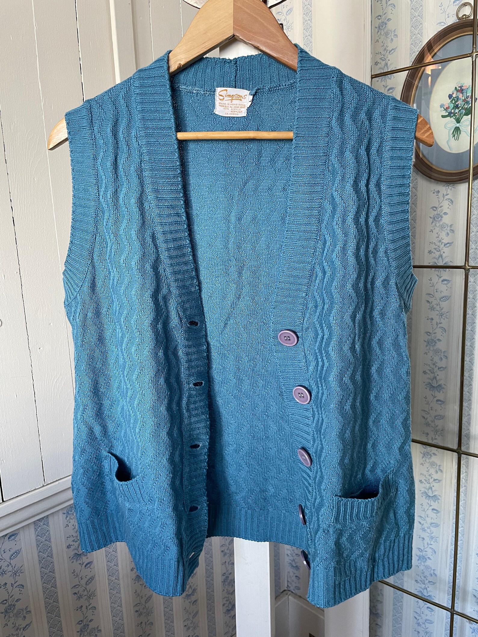 Vintage Blue Acrylic Knit Vest B172 With Buttons and Pockets - Etsy