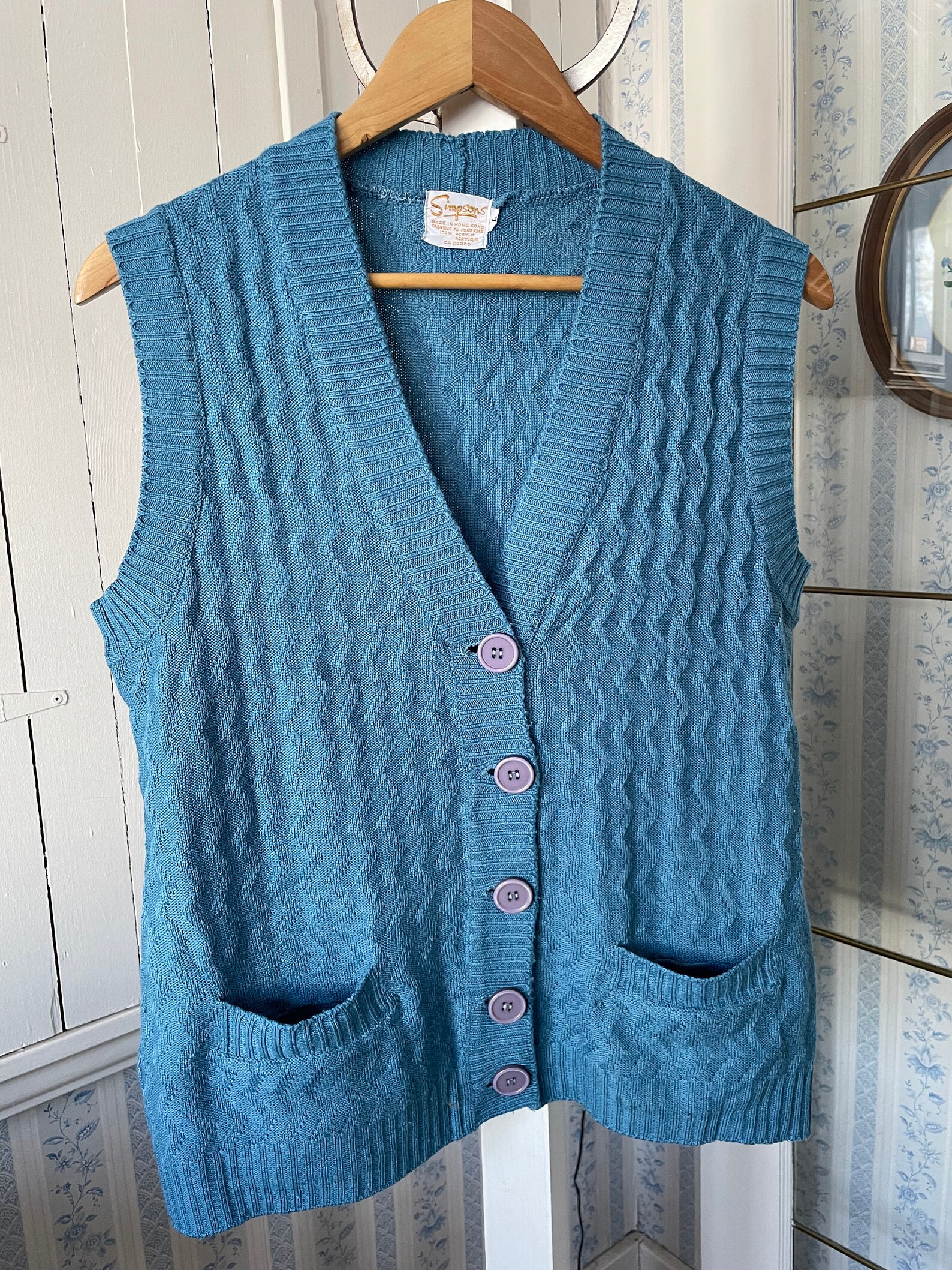 Vintage Blue Acrylic Knit Vest B172 With Buttons and Pockets - Etsy