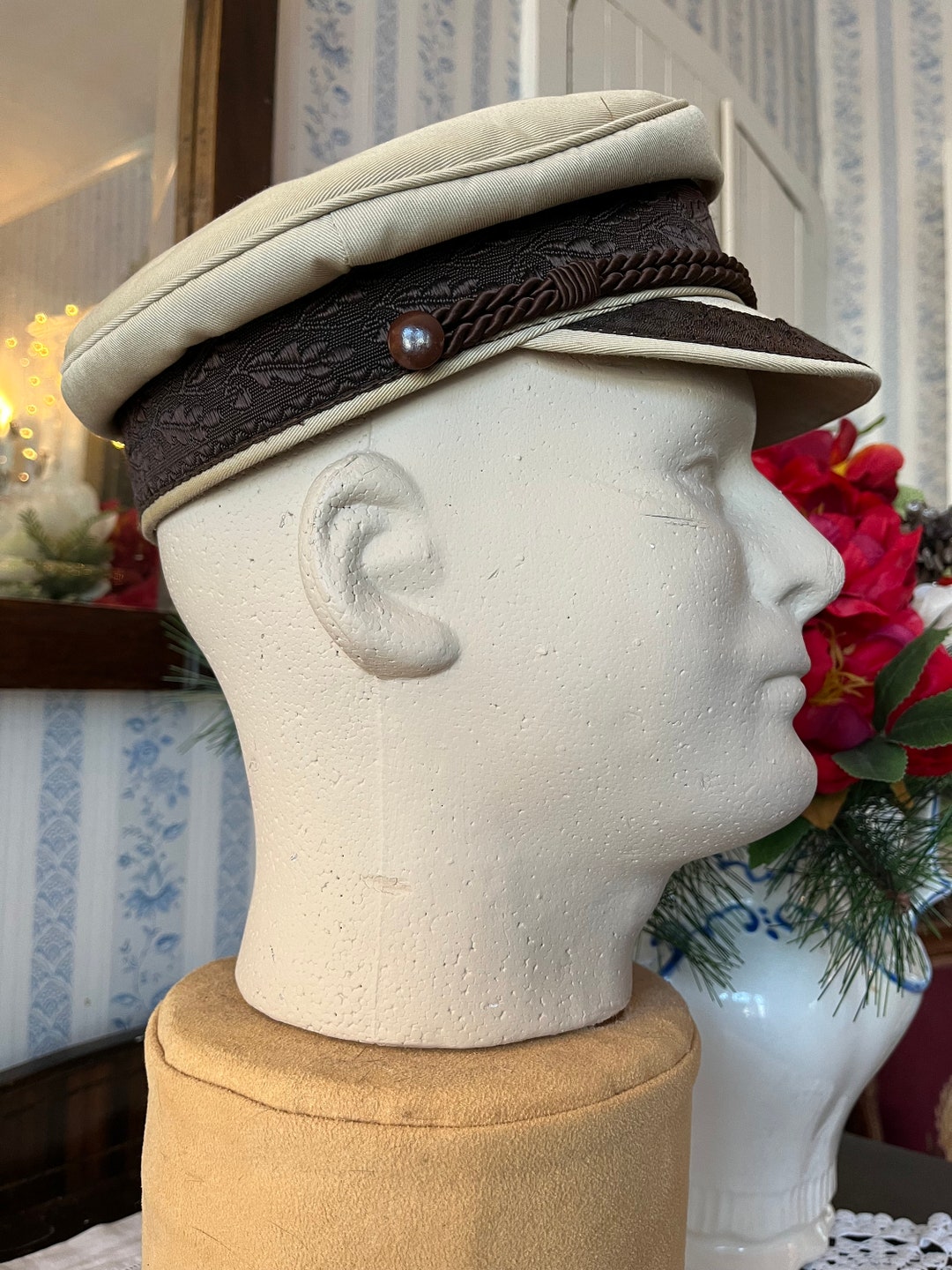 Vintage Beige Hat, Beige and Brown Sailor Cap C446, Beige German Sailor ...