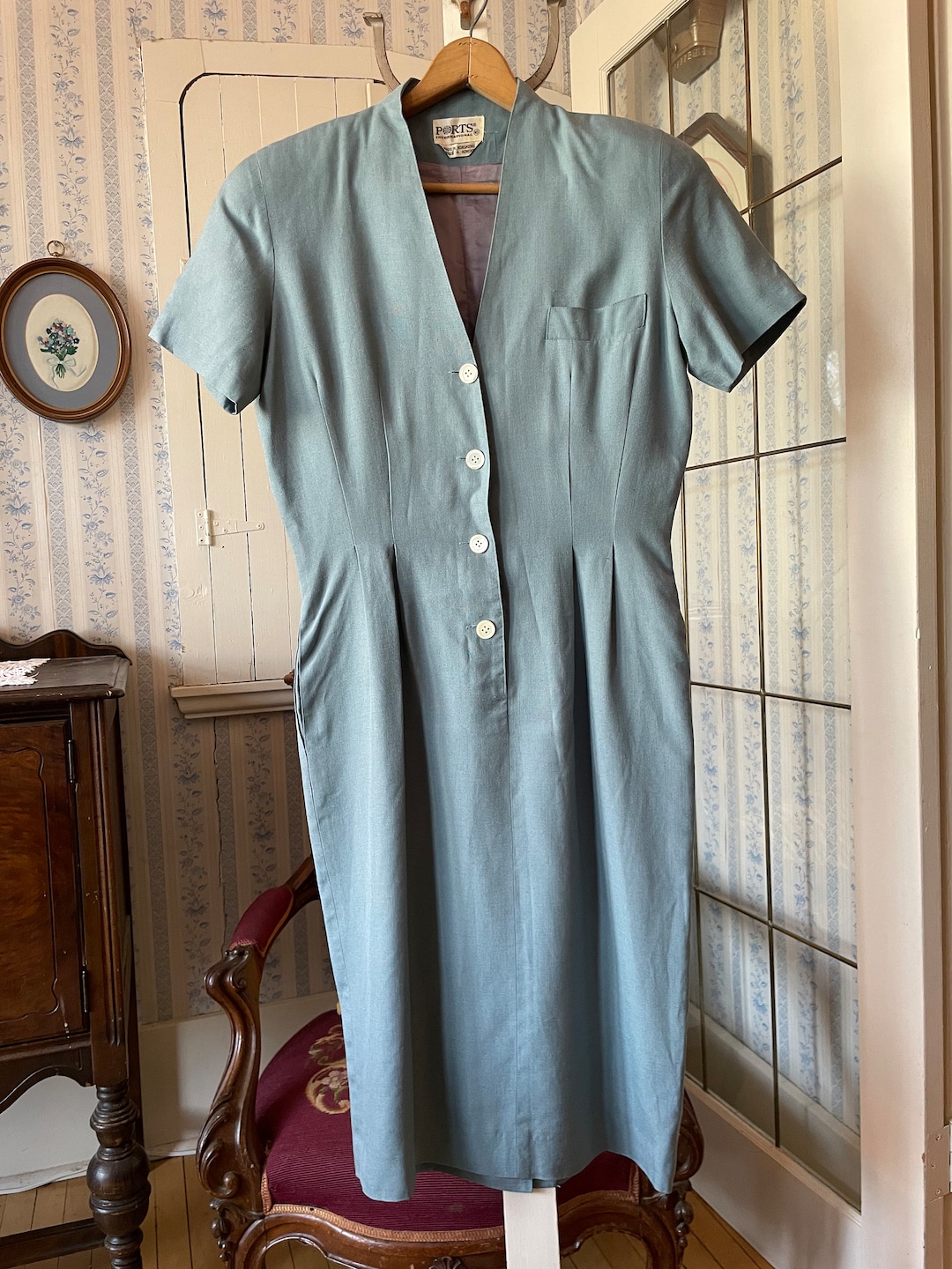 Vintage Blue Dress, Light Blue Linen Pencil Dress (C390), Fitted Pale ...