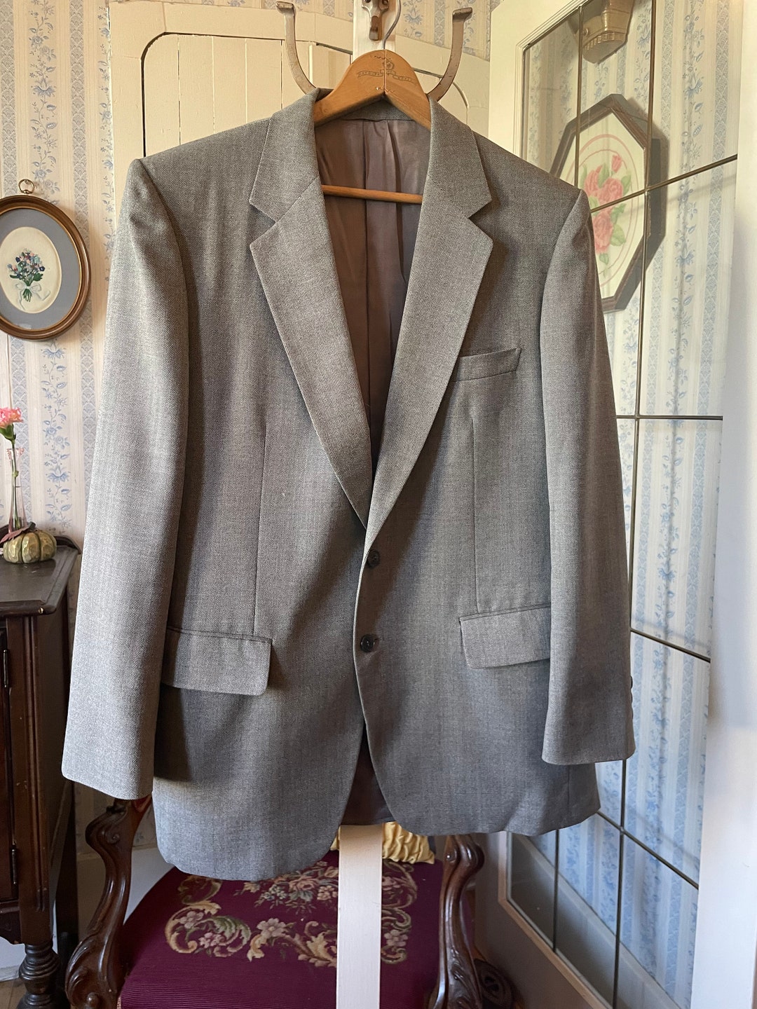 Vintage Grey Sport Coat, Grey Wool Jacket (C297), Grey Herringbone Wool ...