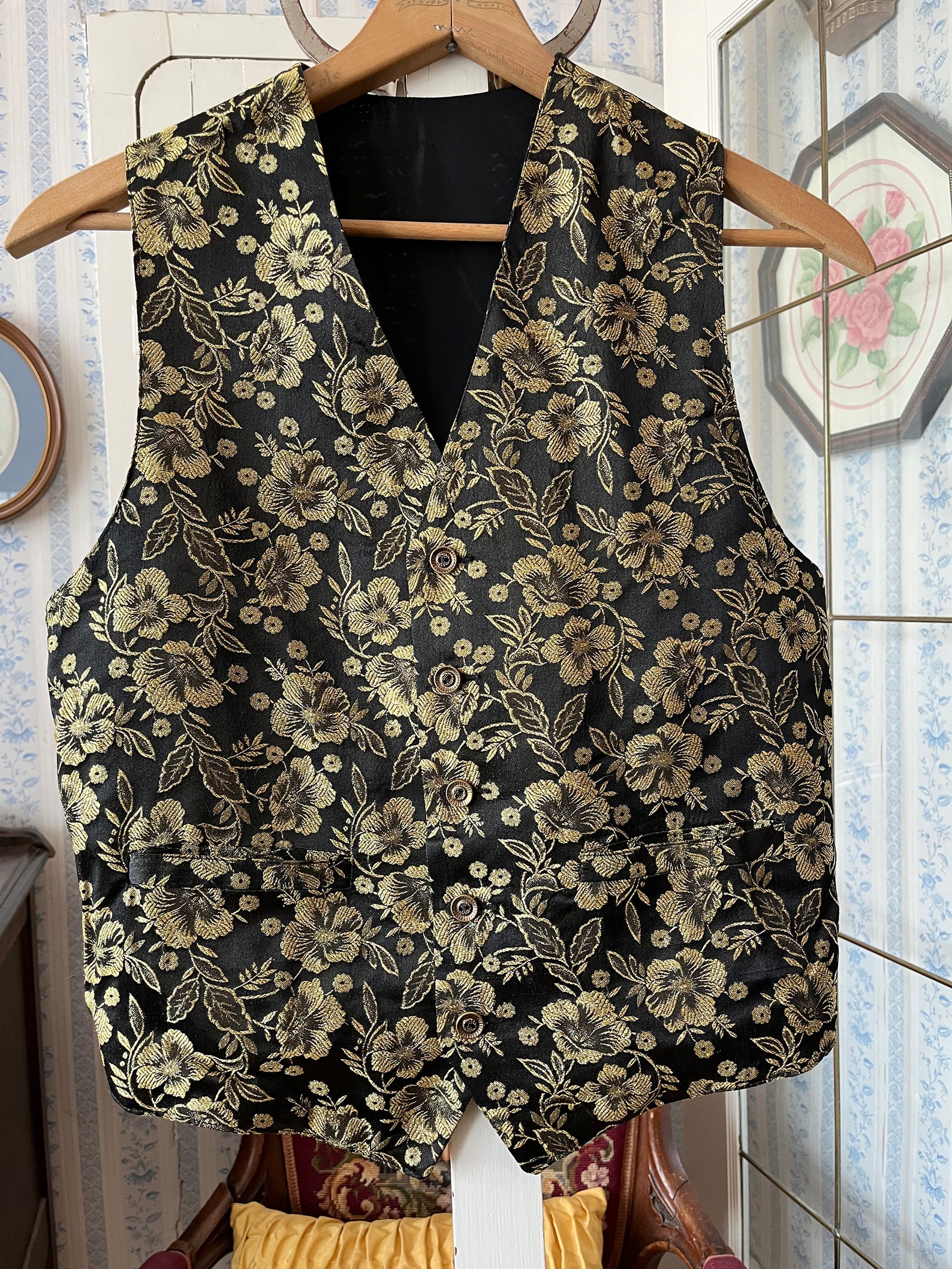 Vintage Black and Gold Vest, Fancy Waistcoat C707, Black Vest ...