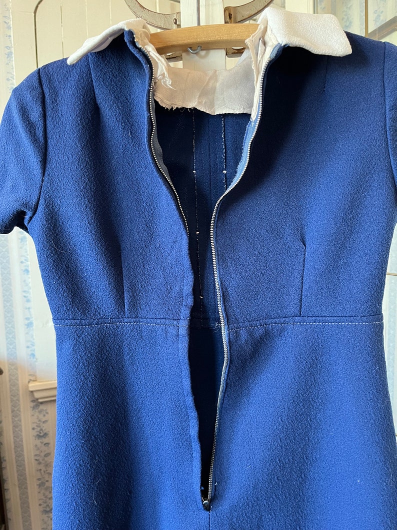 Vintage Blue Dress, Blue and White Short Dress C712, Dark Blue Fortrel ...