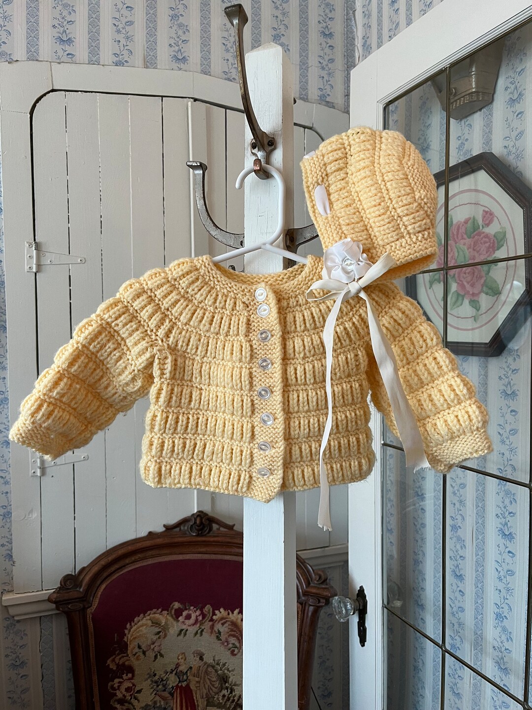 Vintage Baby Yellow Sweater, Handmade Sweater and Hat C483, Yellow Hand ...