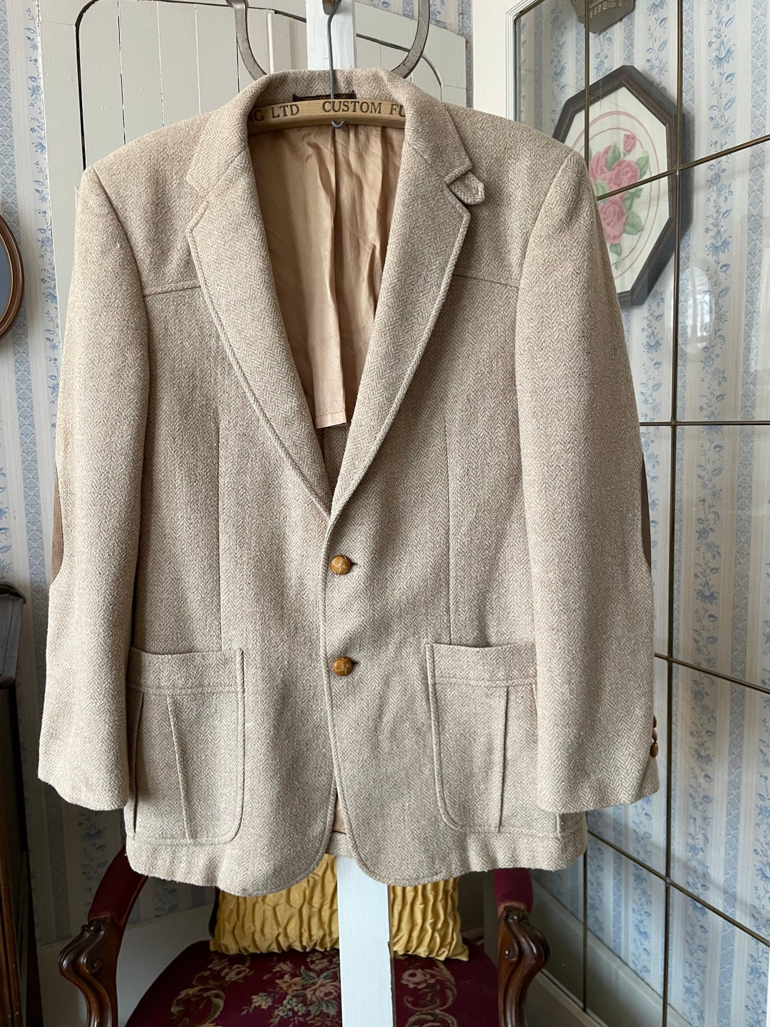 Vintage Beige Sport Coat, Beige Wool Jacket (C352), Beige Herringbone ...