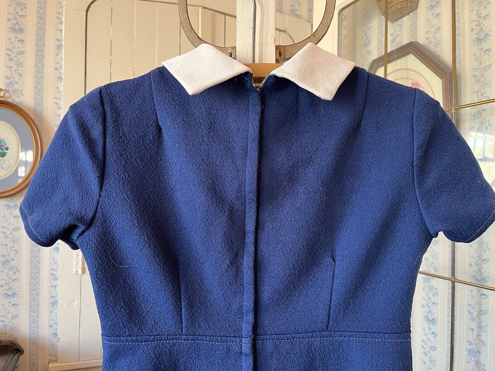 Vintage Blue Dress, Blue and White Short Dress C712, Dark Blue Fortrel ...