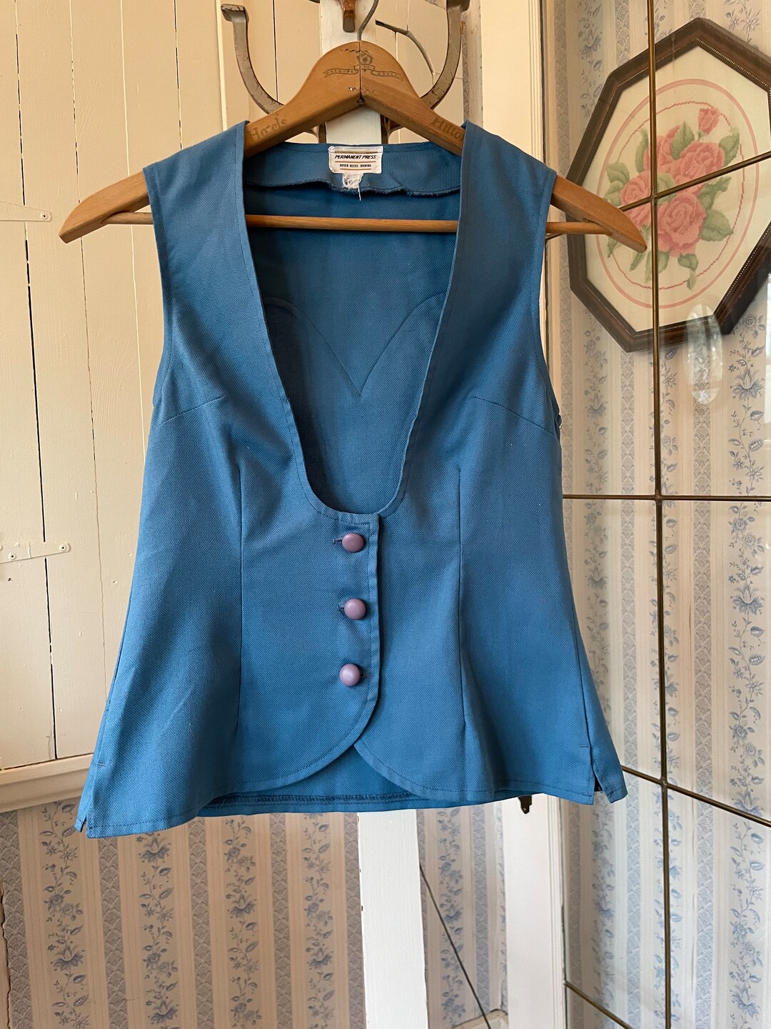 Vintage Blue Western Vest, Blue Fitted Waistcoat (C216), Medium Blue ...