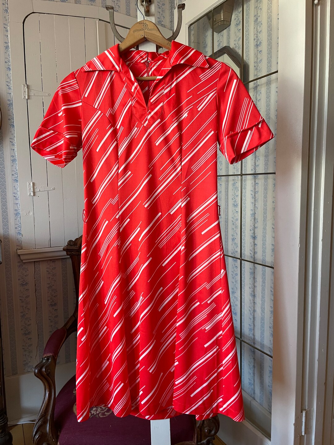 Vintage Red Dress, Red and White Midi Dress (C392), Polyester Red and White Day Dress, A Line ...