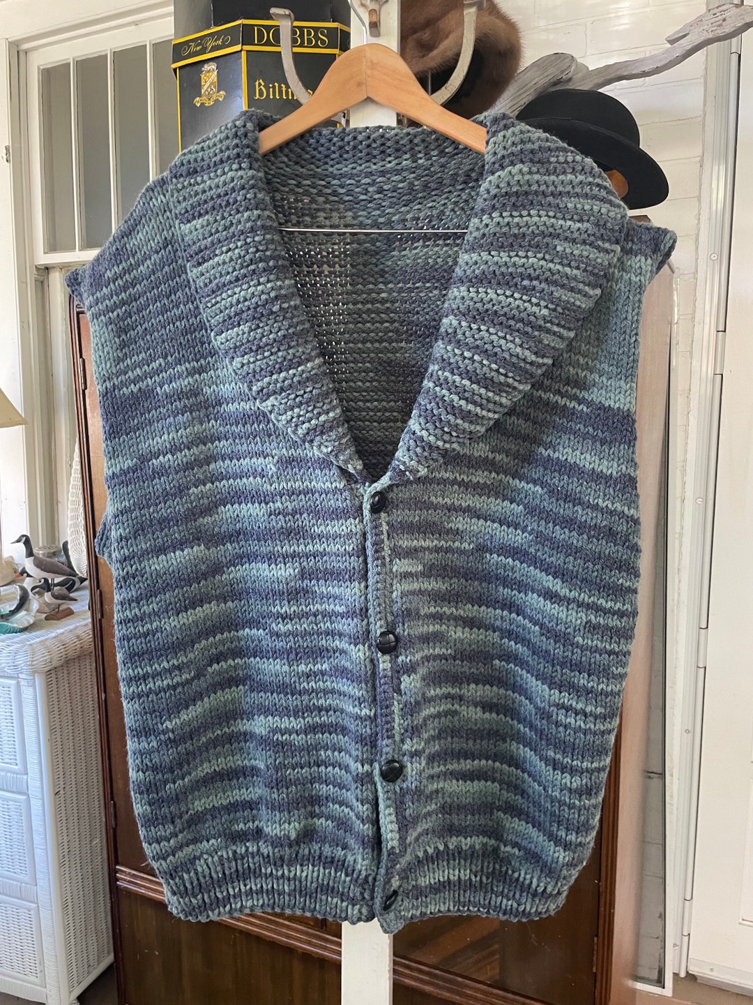 Vintage Chunky Knit Vest, Blue Wool Sweater Vest (B584), Blue and Green ...