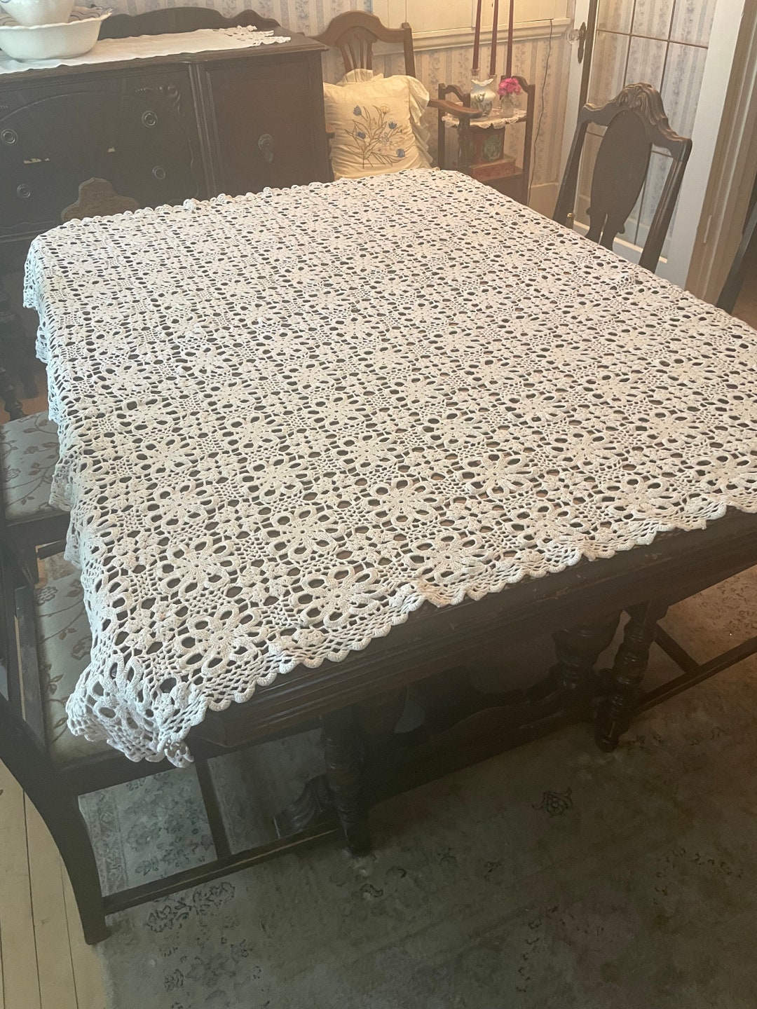 Vintage Handmade Tablecloth, Hand Crocheted Tablecloth (B487), Beige ...