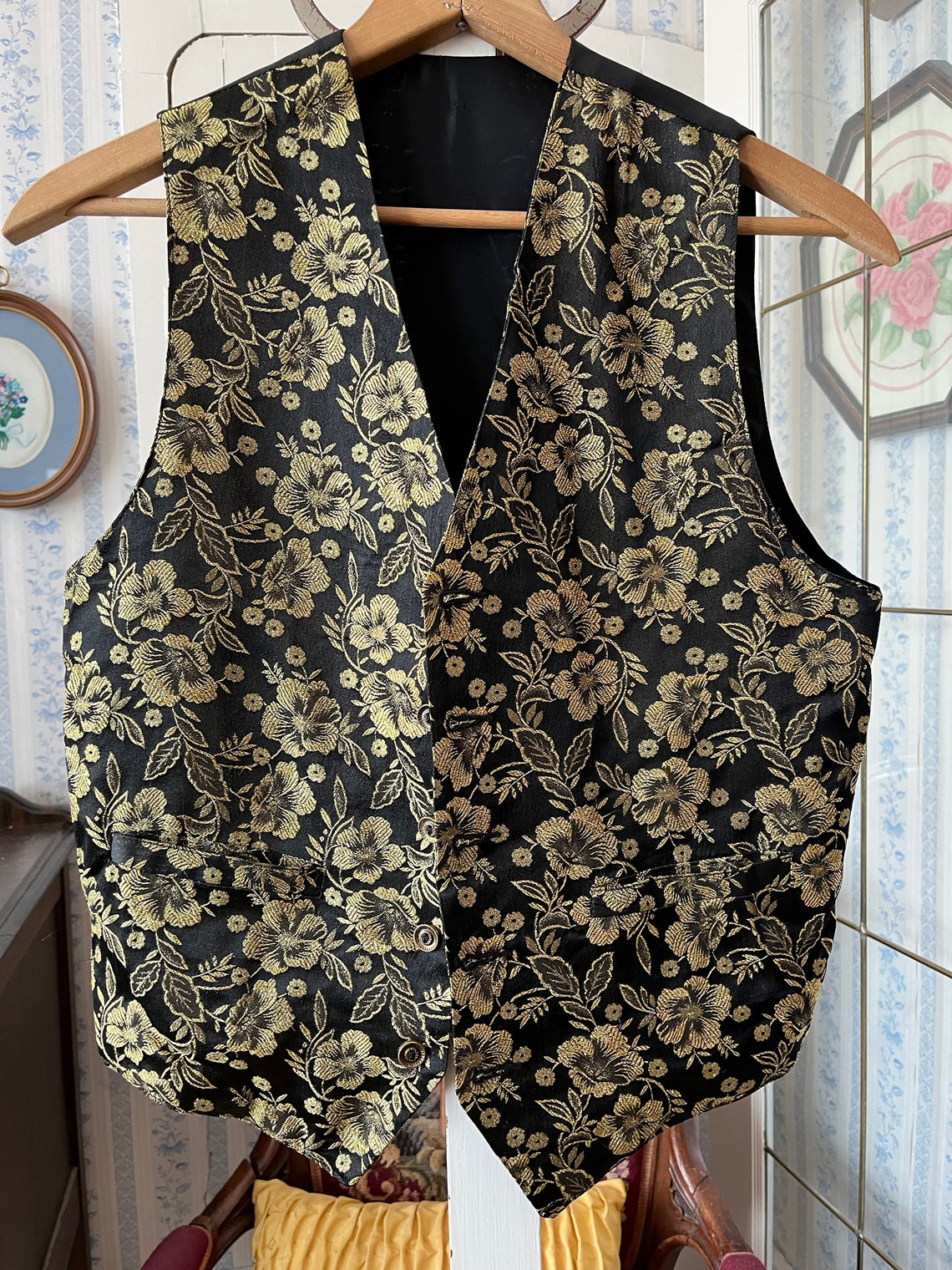 Vintage Black and Gold Vest, Fancy Waistcoat C707, Black Vest ...