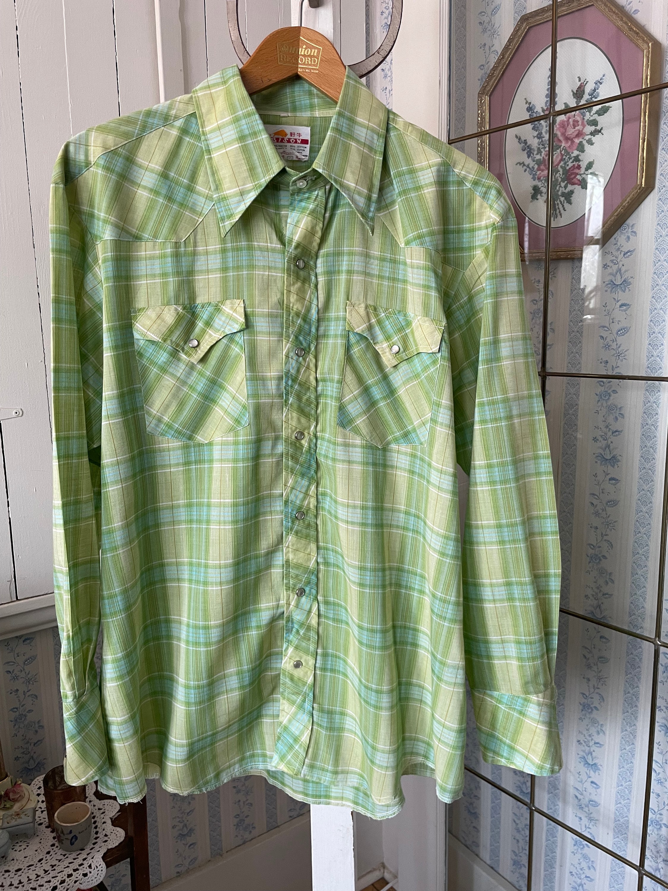 Vintage Western Shirt, Green Plaid Cowboy Shirt B876, Green Blue Plaid ...