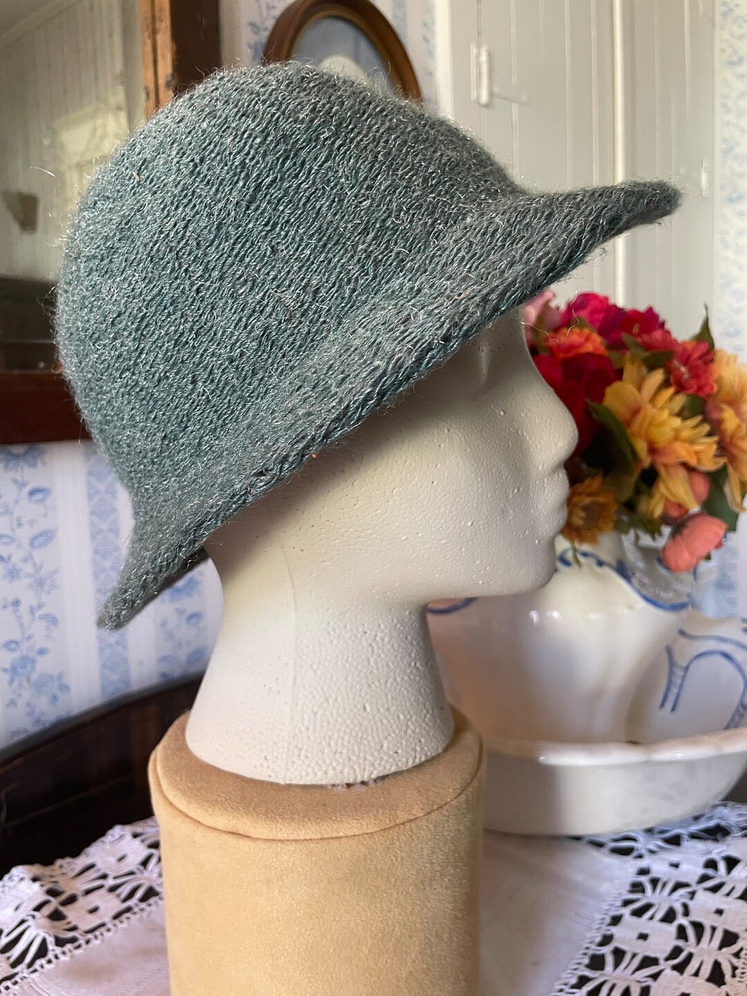 Vintage Green Hat, Floppy Hat, Cap (B645), Blue Green Wool Blend Warm ...