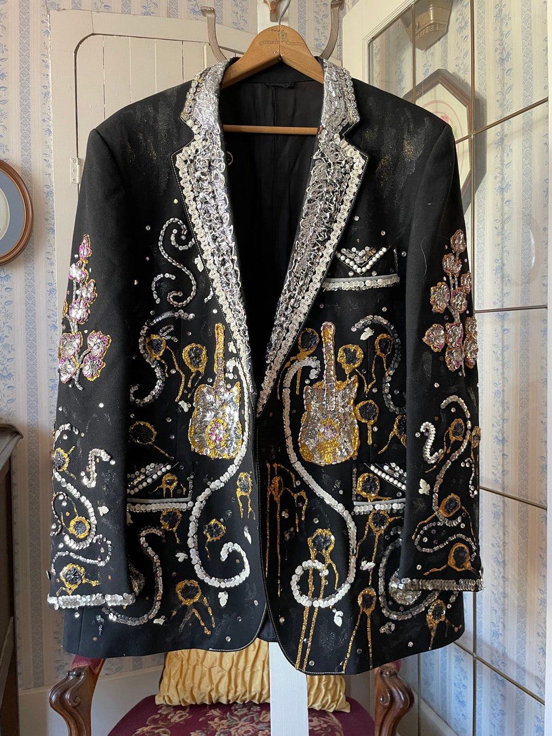 Vintage Sequined Sport Coat, Hand Decorated Black Jacket C406, Rocky ...