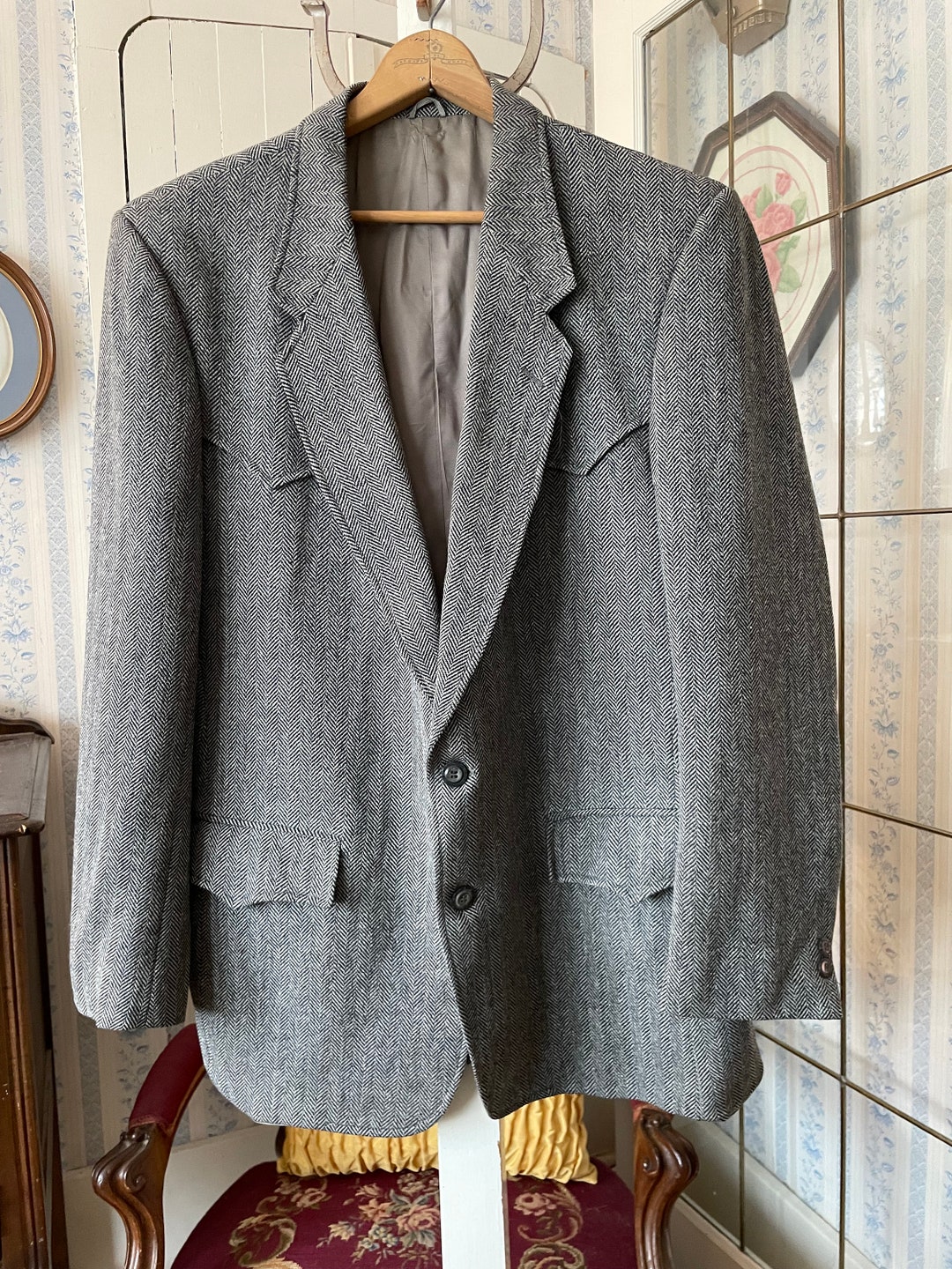 Vintage Grey Sport Coat, Grey Wool Jacket (C355), Grey Herringbone Wool ...