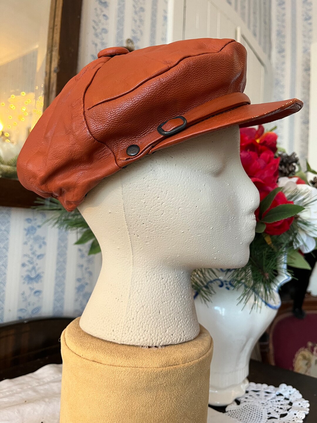 Vintage Brown Leather Hat, Rust Brown Cap C441, Rust Brown Leather Hat ...