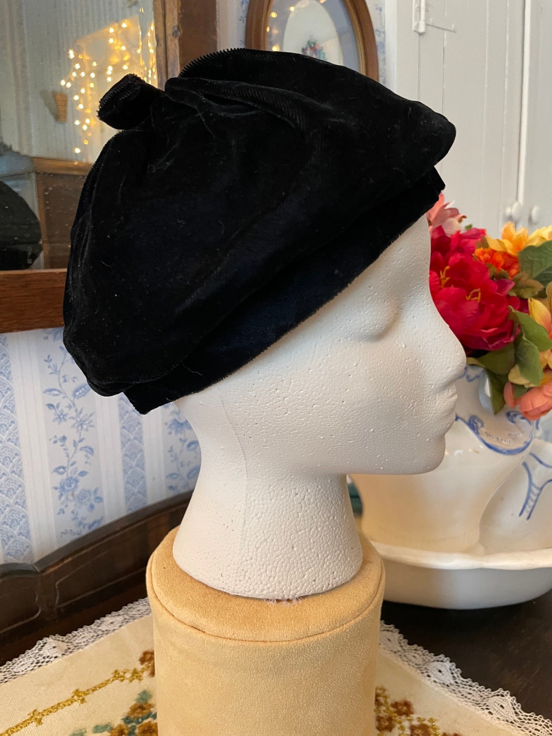Vintage Black Tam, Black Velvet Hat, Tam (B801), Black Velvet Hat, Tam ...