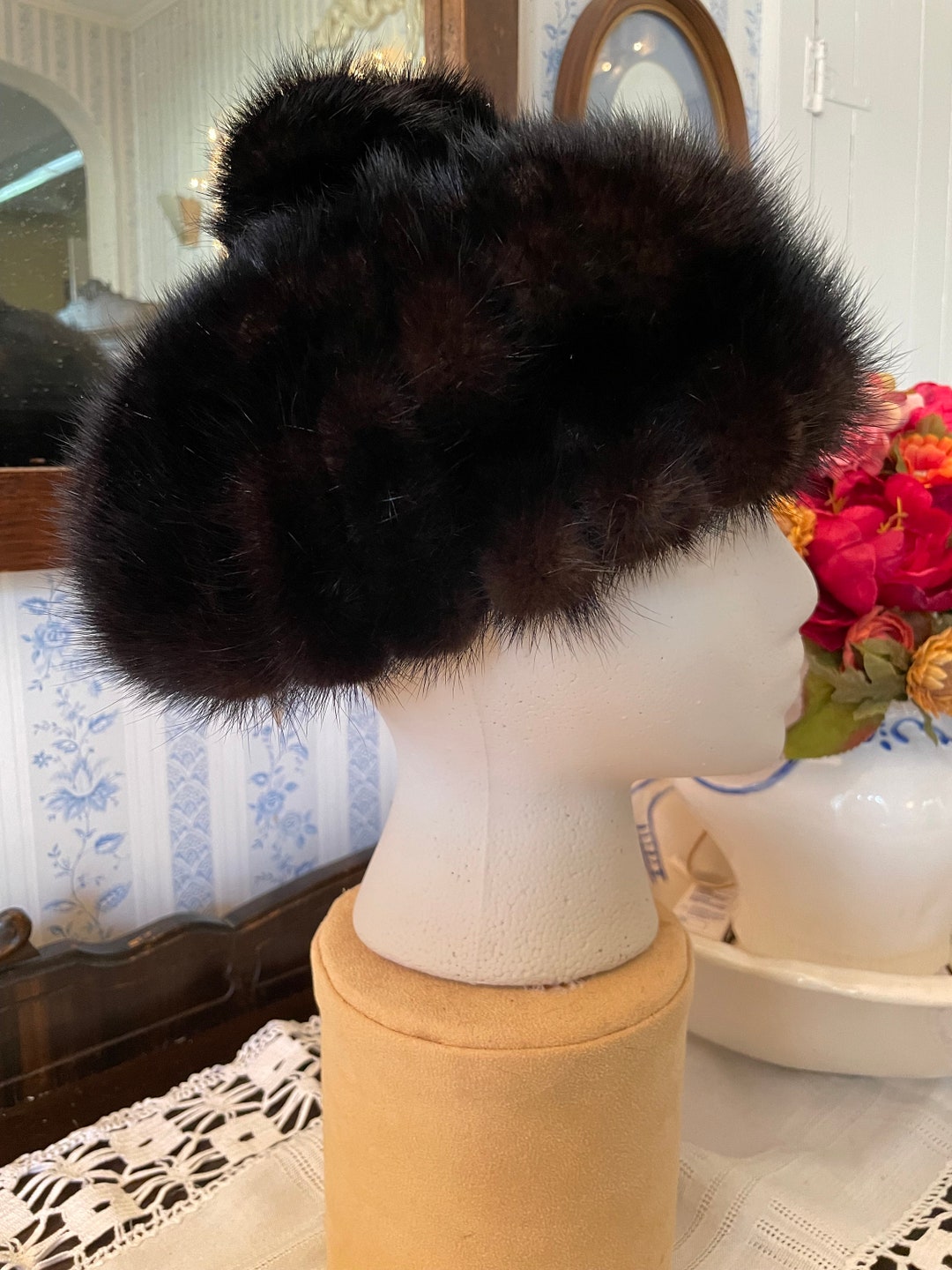 Vintage Fur Hat, Brown Fur Hat, Tam, Cap B656, Very Dark Brown Mink Fur ...