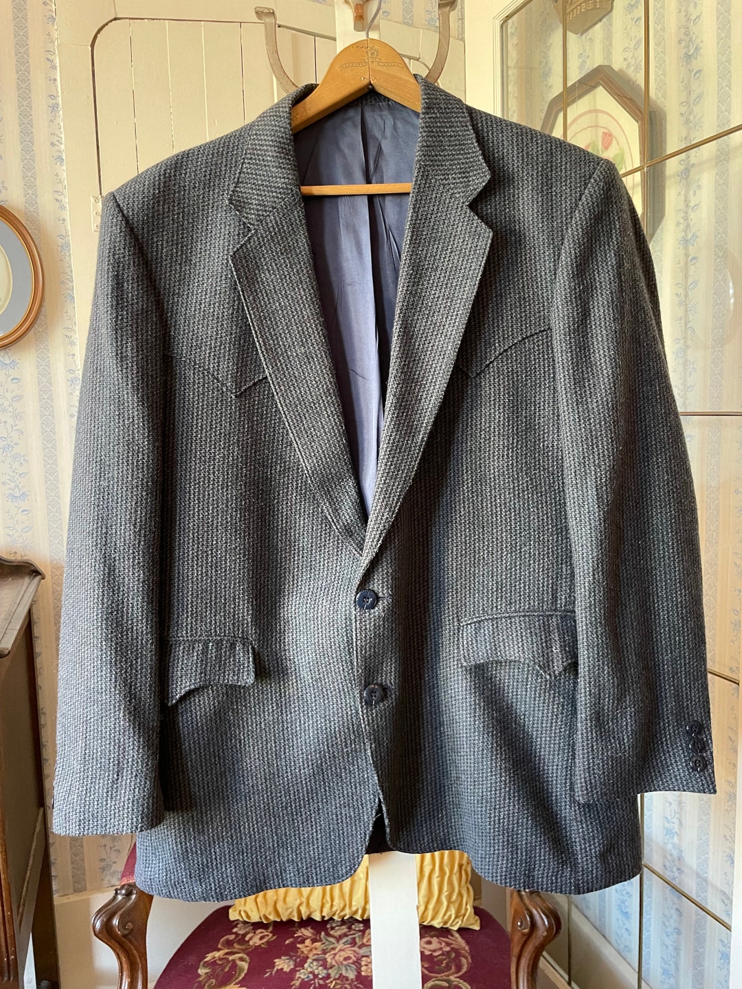 Vintage Grey Sport Coat, Dark Grey Houndstooth Jacket (C400), Grey ...